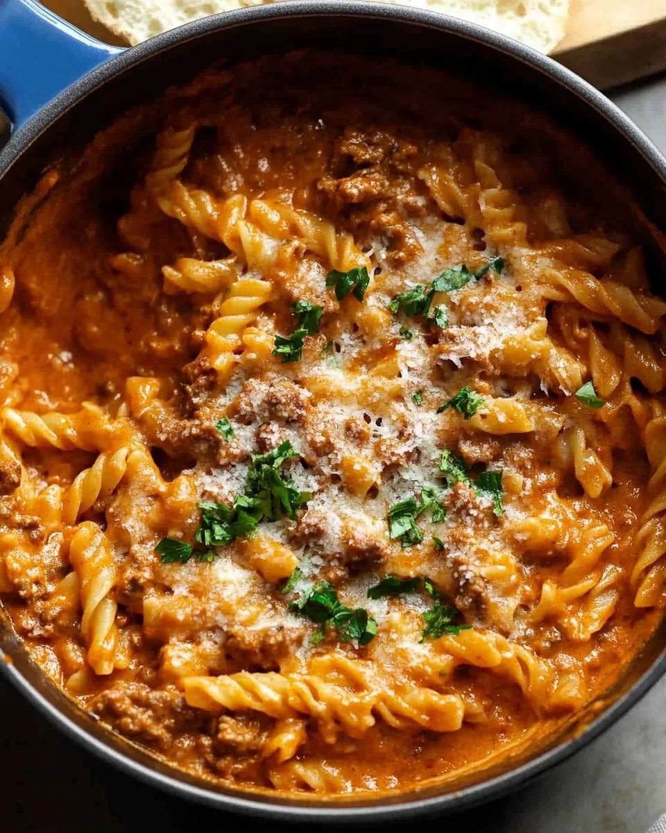 One Pot Creamy Tomato Beef Pasta